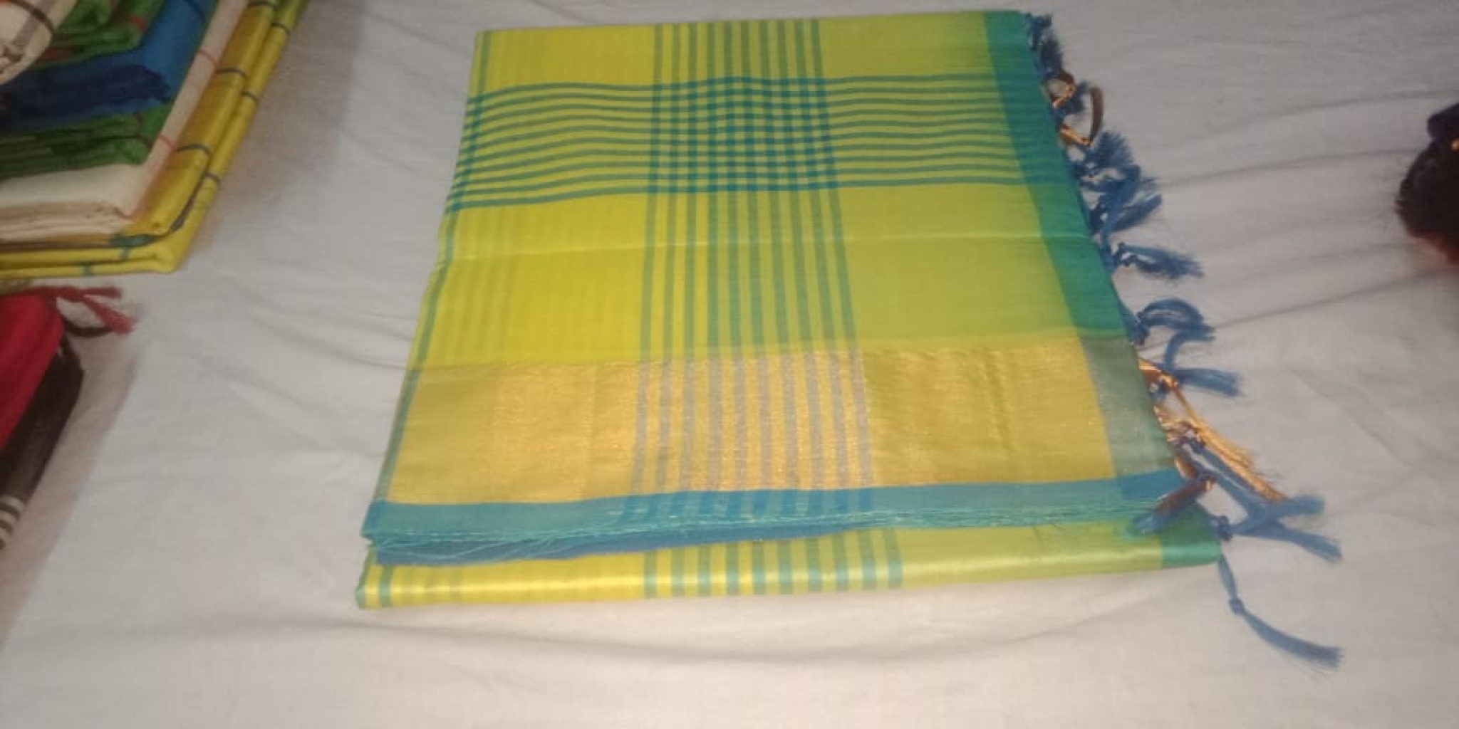 Kanchi Semi Silk Cotton Sarees Old Gold Yellow w/ Ramar Blue Color ...