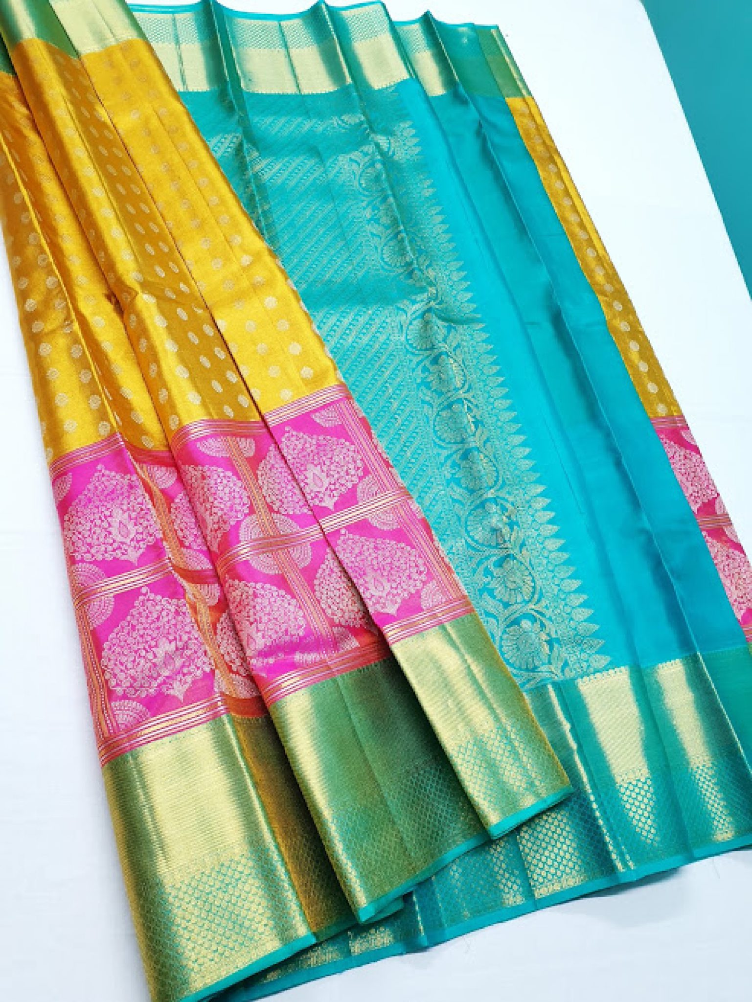 Kanchipuram Pure Silk Half And Half Saree Bridal Collection Yellow And