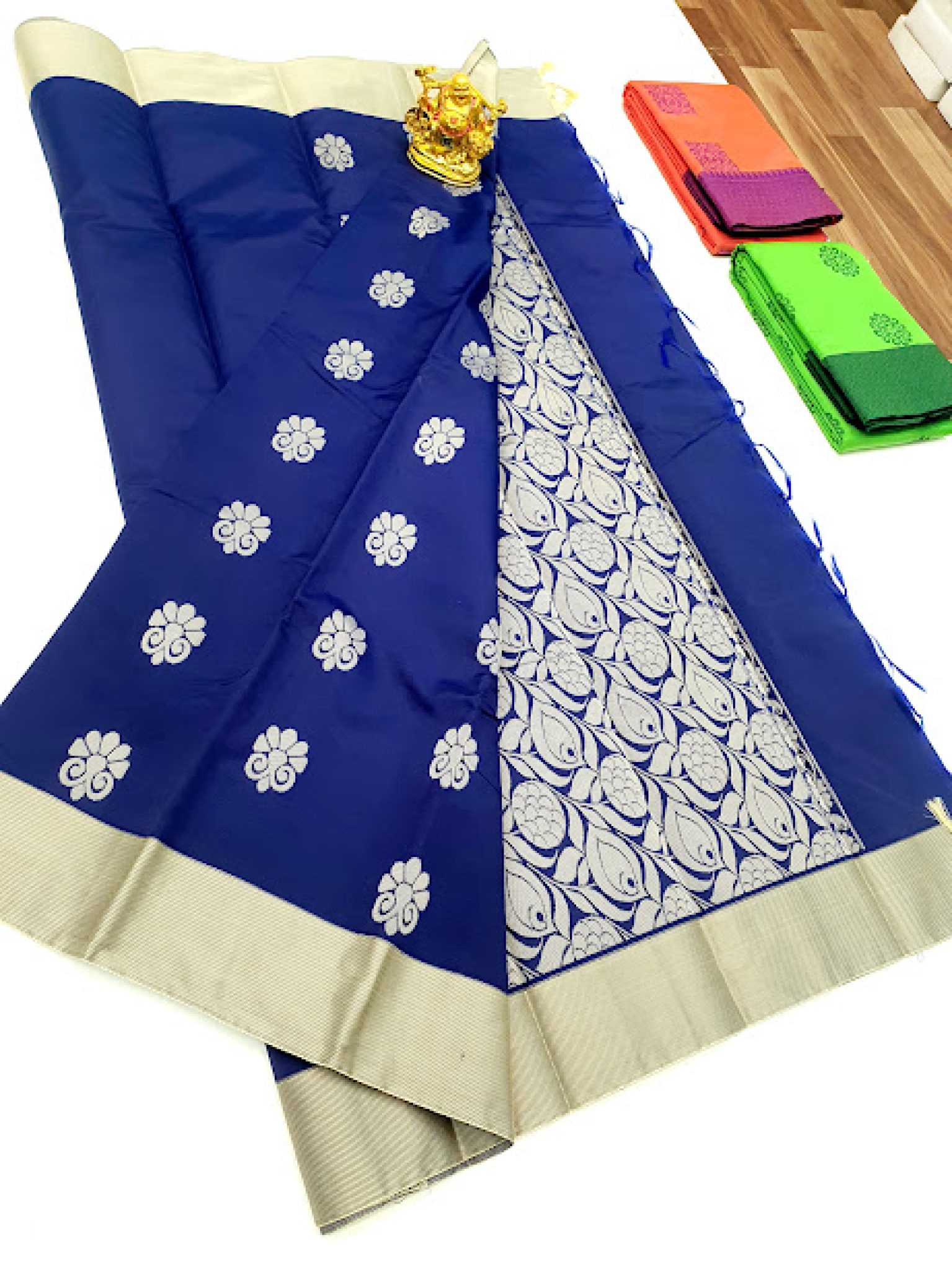 Flower Design Butta Mphoss Saree Ink Blue Color w/ Blouse – Kanchipuram ...