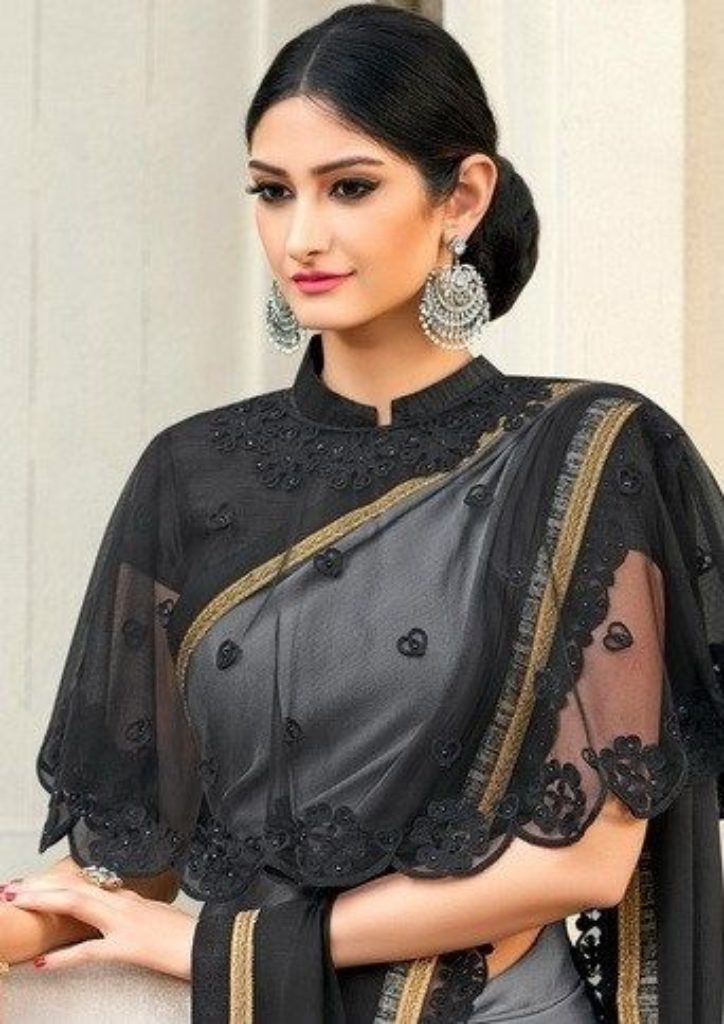 New Trendy Cape Saree Blouse Design Black Color – Kanchipuram Silk Sarees