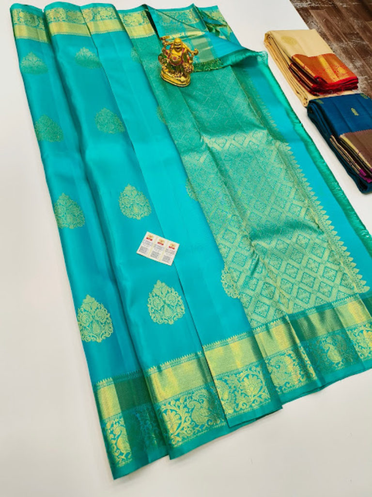New Design Pure Kanjivaram Fancy Silk Saree Teal Green Color w/ Blouse ...