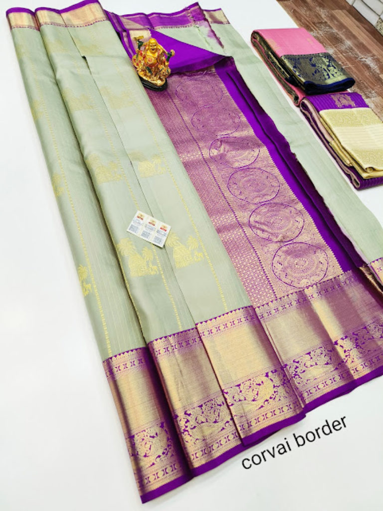 Traditional House Design Pure Kanjivaram Fancy Silk Saree Gray Color w ...