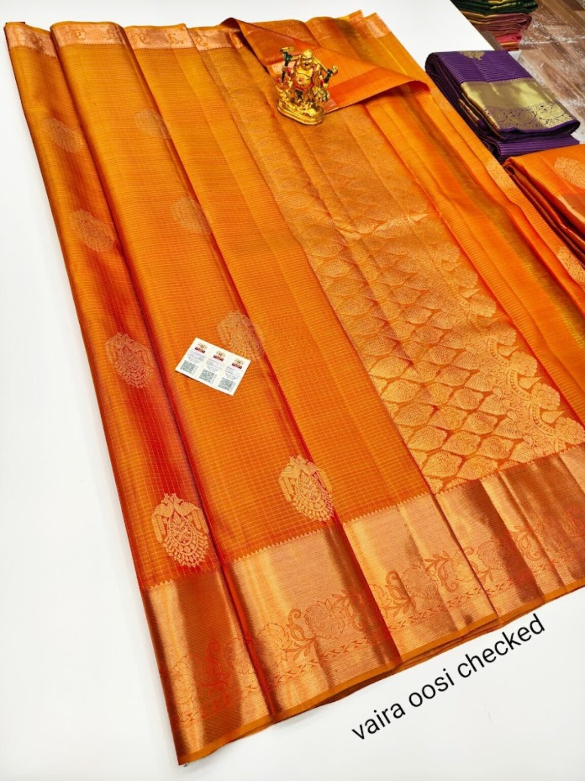 Vaira Oosi Checked Design Pure Kanjivaram Fancy Silk Saree Orange Color ...